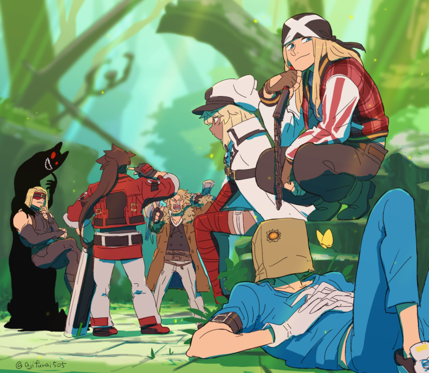 Safebooru - 1girl 5boys animal animal ears animal hat asaya minoru axl low bag bag over head ...