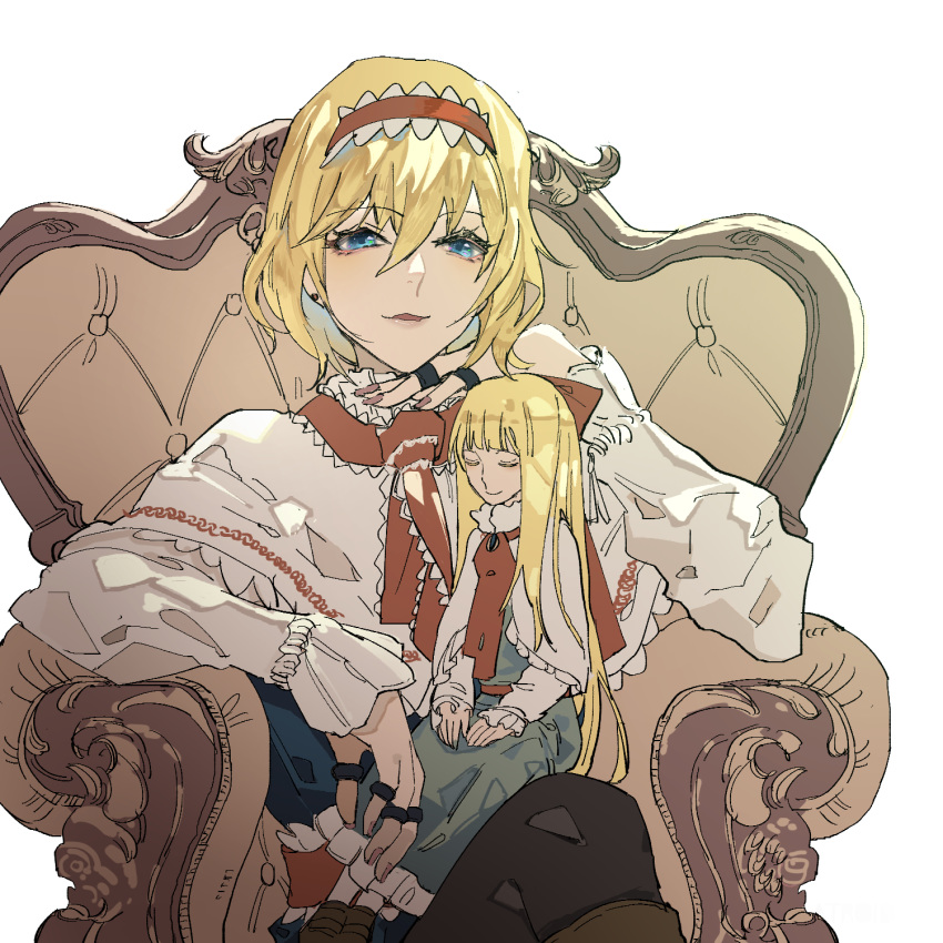 Safebooru - 1girl alice margatroid black legwear blonde hair blue dress blue eyes capelet chair ...