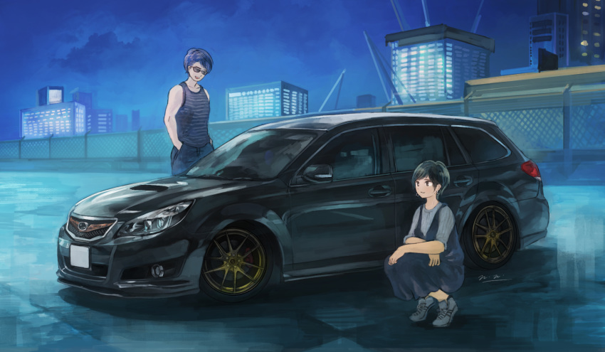 Safebooru - 1boy 1girl black dress black hair blue hair brown eyes car ...