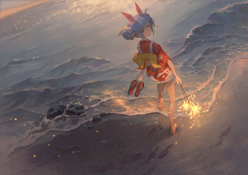 Safebooru - 1girl animal ears barefoot beach blue hair bow braid bunny ...