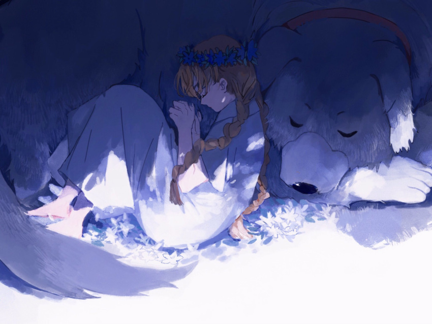 Safebooru - 1girl alexander (fma) animal barefoot blue flower braid ...