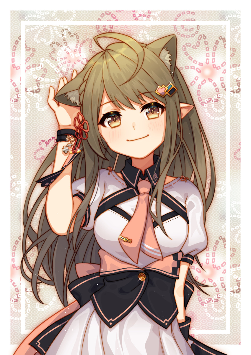 Safebooru - 1girl ahoge animal ear fluff animal ears arm behind back brown eyes brown hair cat ...