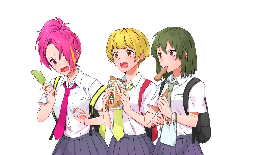 Safebooru - 3girls :d absurdres backpack bag blonde hair brown eyes candy earrings eating folded ...