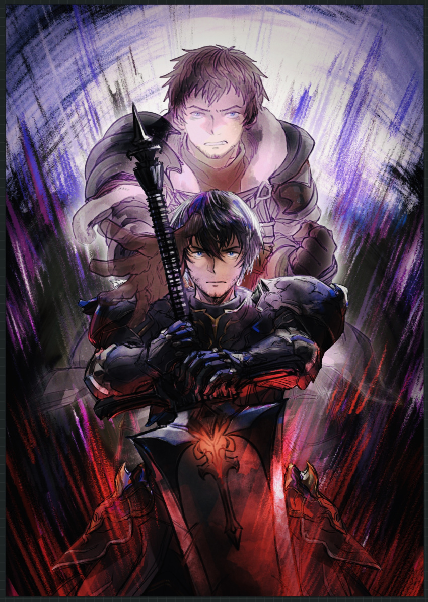 Safebooru - 2boys ardbert (ff14) armor black hair blue eyes brown hair clenched hand clenched ...