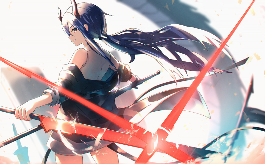 Safebooru - 1girl arknights bare shoulders blue hair blue jacket ch'en ...