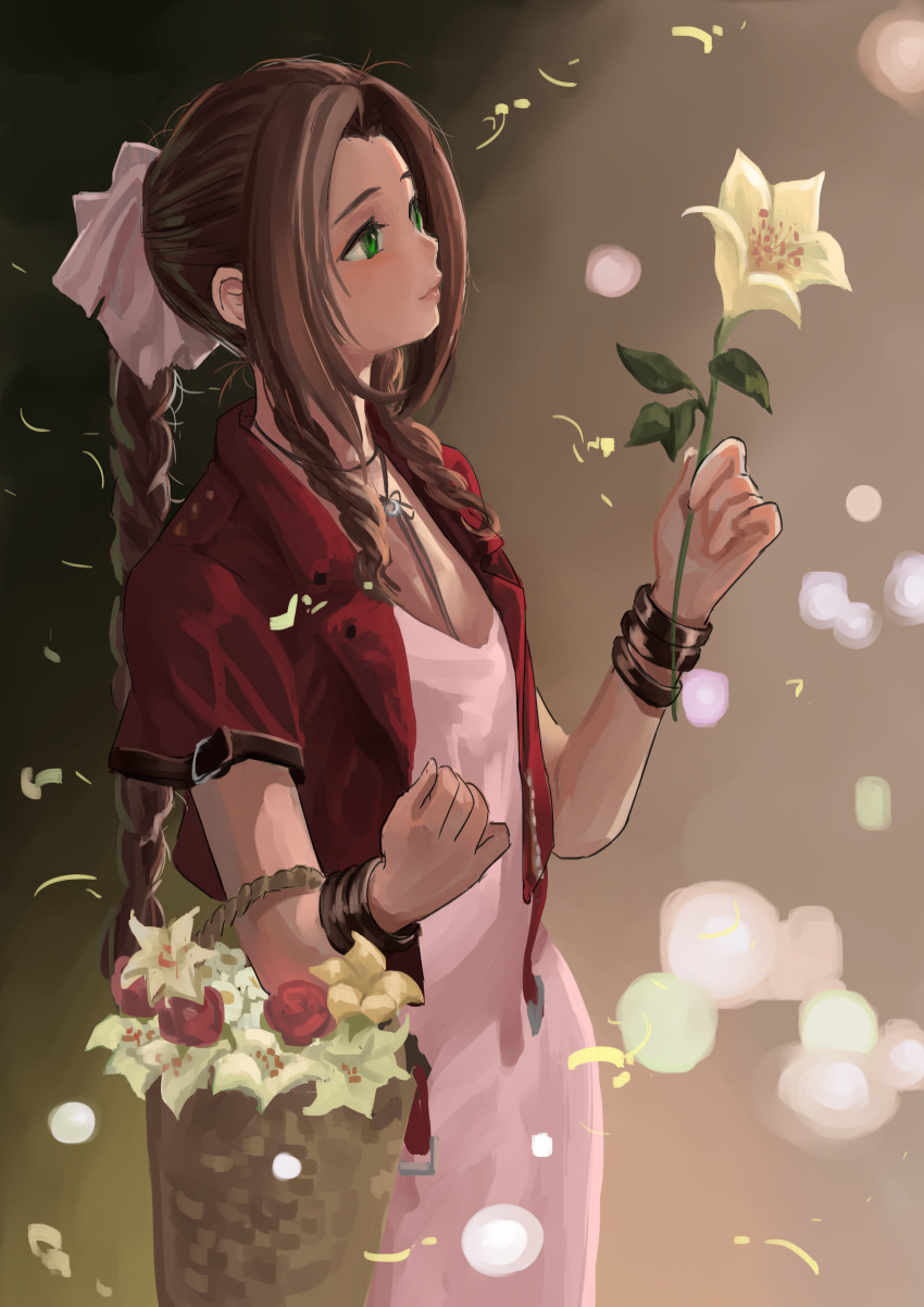 Safebooru - 1girl absurdres aerith gainsborough basket bow bracelet brown background brown hair ...