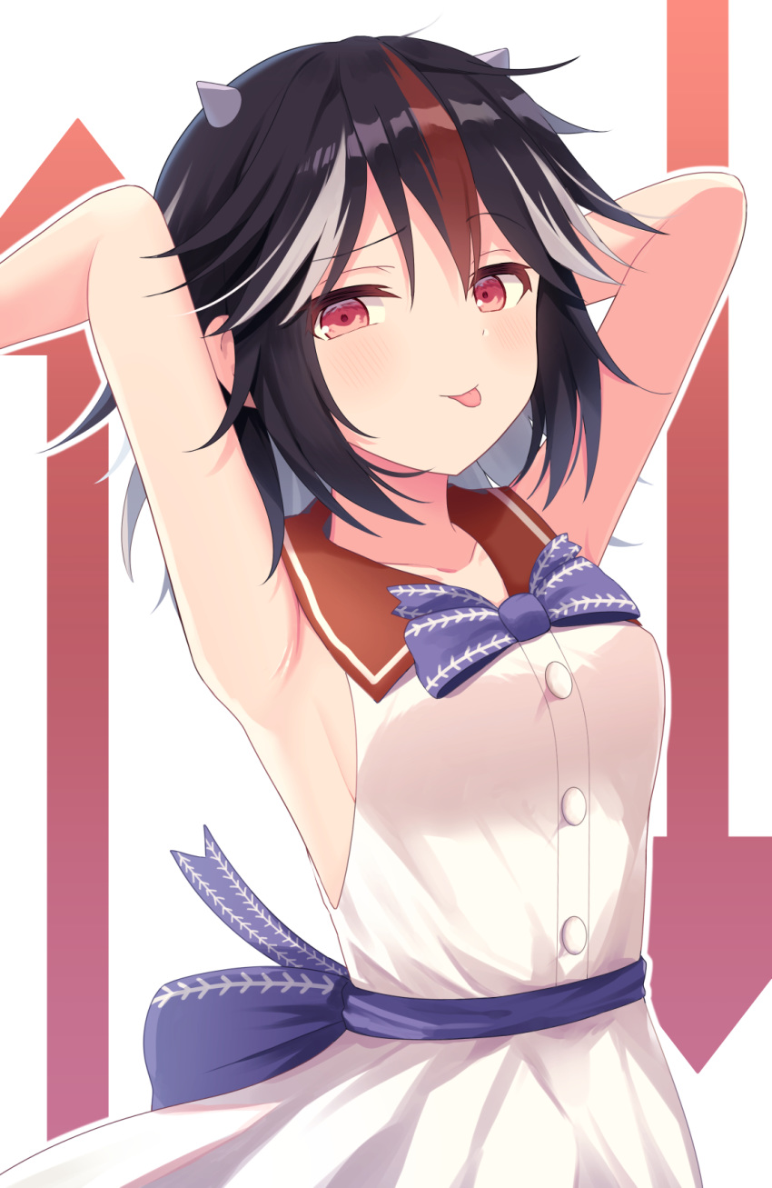 Safebooru - 1girl :p armpits arms behind head black hair blush collarbone eyebrows visible ...