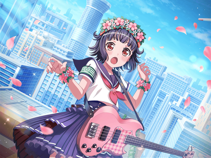 Safebooru - bang dream! black hair blush guitar official art red eyes school uniform short hair ...