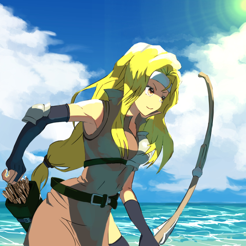 Safebooru - 1girl absurdres arrow (projectile) belt belt buckle black gloves blonde hair bow ...