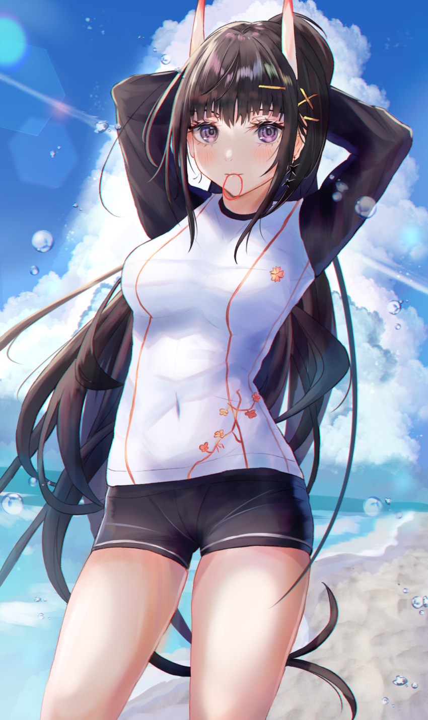 Safebooru - 1girl alternate costume arms behind head arms up azur lane black hair black shorts ...