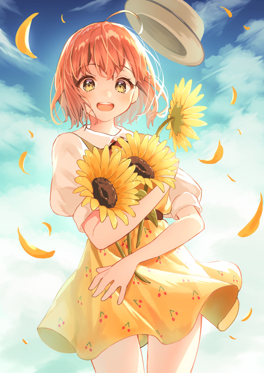 Safebooru - 1girl :d absurdres ahoge bare legs blue sky blush brown headwear cherry print clouds ...