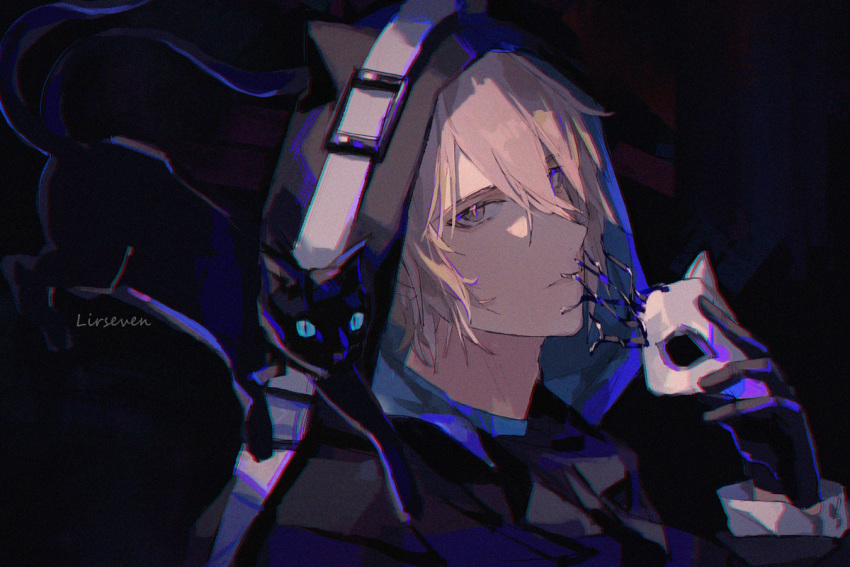 Safebooru - 1boy animal ears animal hood arknights artist name black background black cat black ...