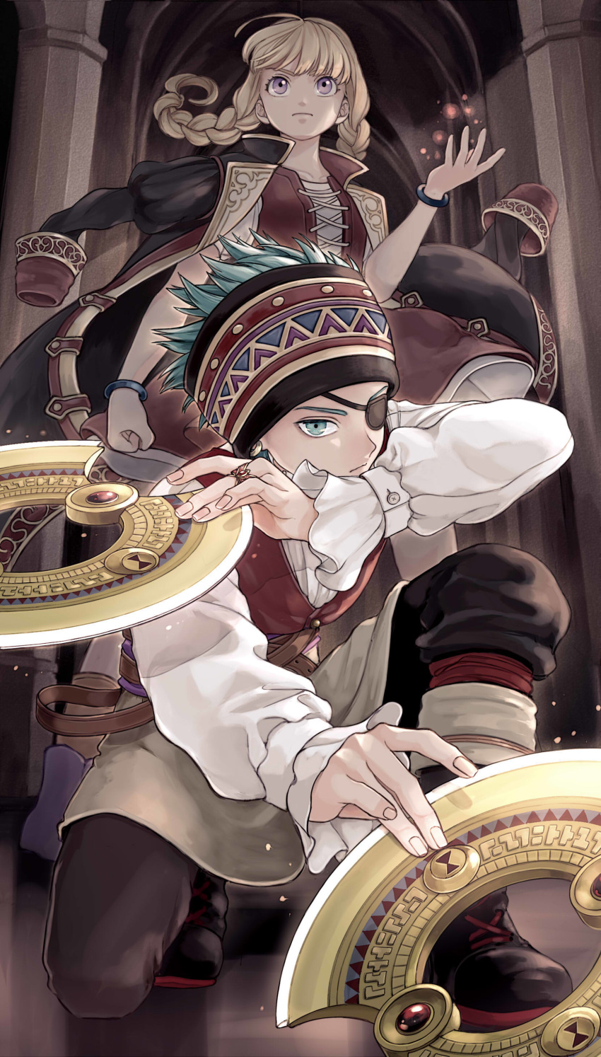 Safebooru - 1boy 1girl absurdres alternate costume arch arm at side bag bangs black pants blue ...