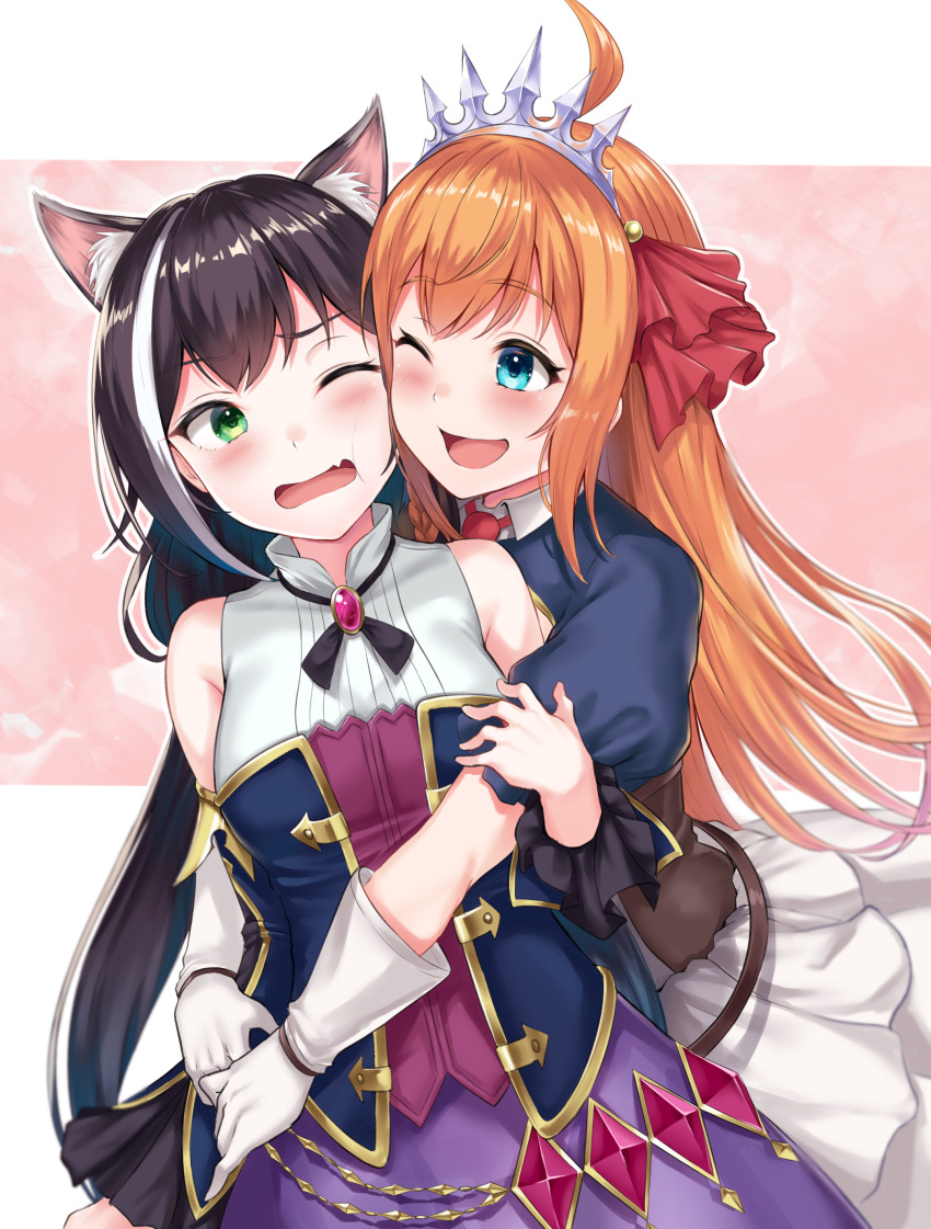 Safebooru - 2girls ;d absurdres ahoge animal ears black hair blue eyes cat ears commentary ...