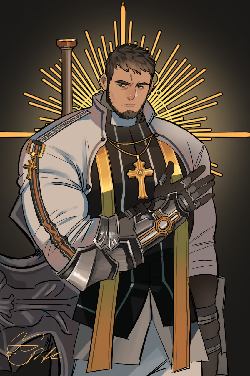 Safebooru - 1boy bara beard brk 603 brown hair chest cross cross necklace dungeon and fighter ...