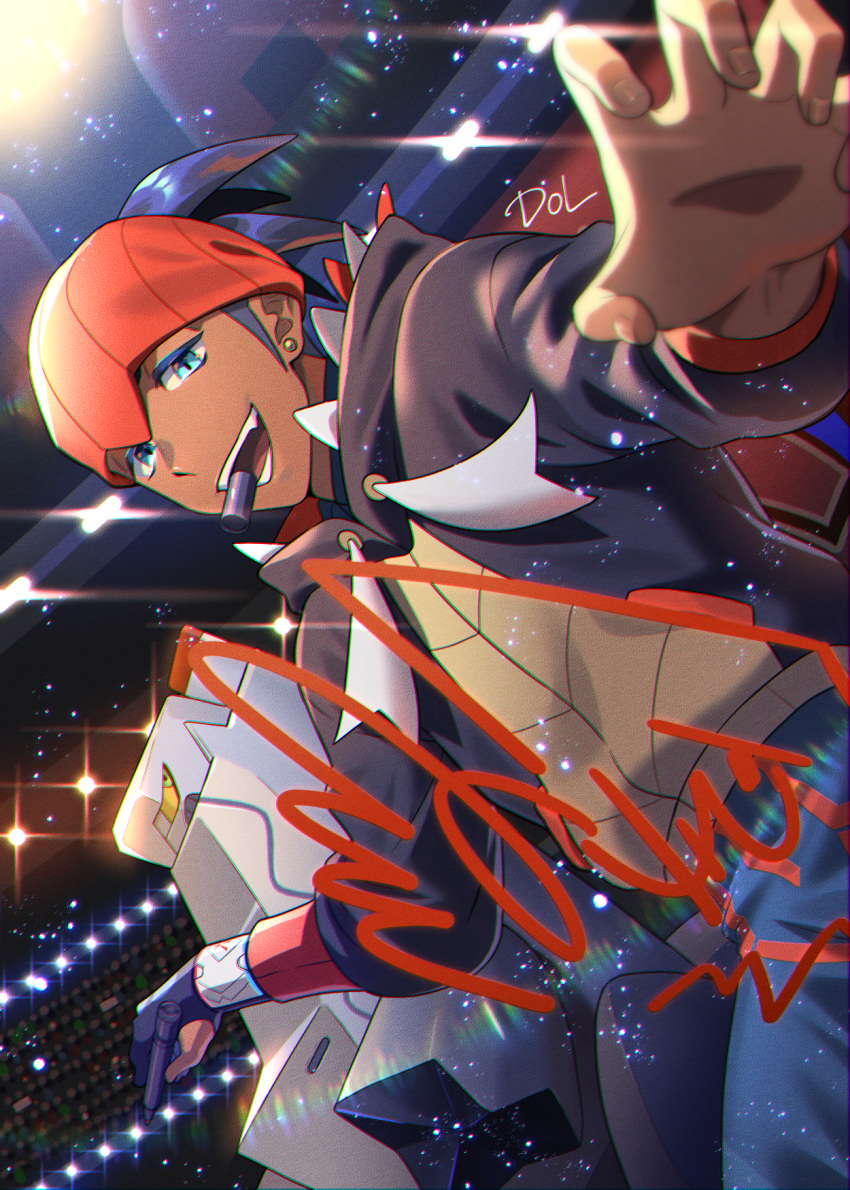 Safebooru - 1boy artist name black hair black hoodie blue eyes commentary request dark skin dark ...