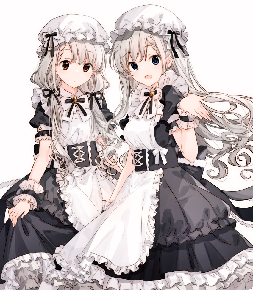 Safebooru - 2girls :d alternate costume apron bangs black dress black ribbon blue eyes bow braid ...