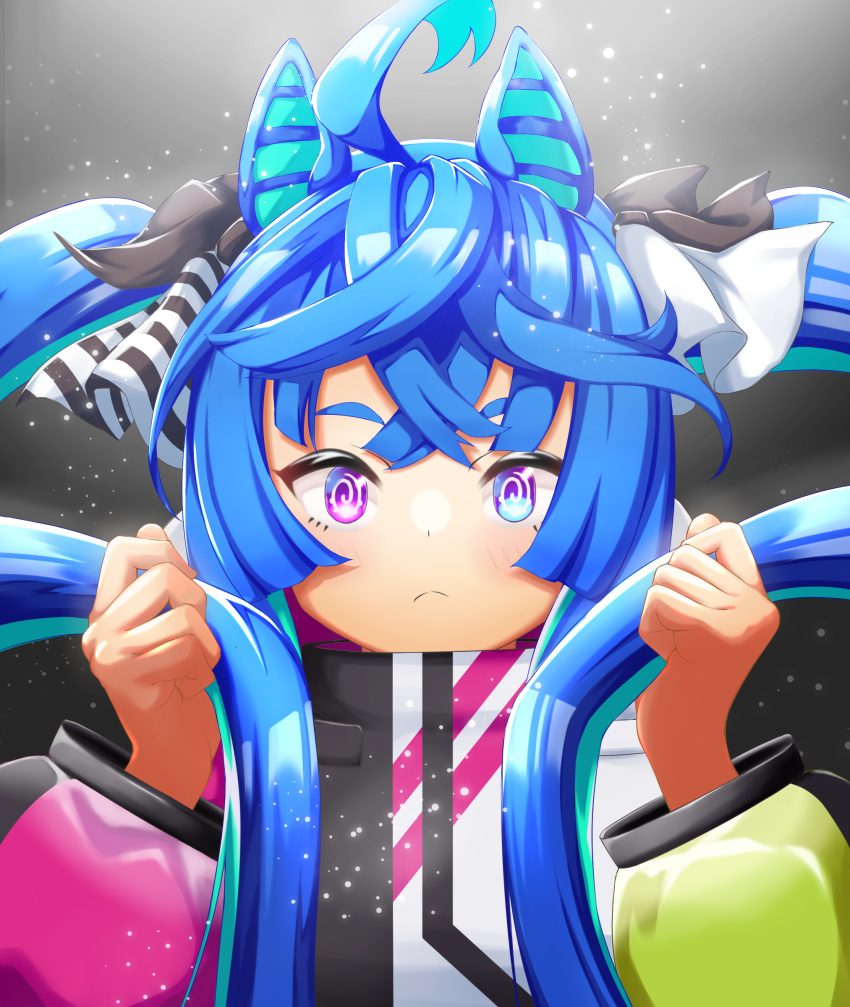 Safebooru - 1girl absurdres ahoge animal ears aqua hair black ribbon blue eyes blue hair closed ...