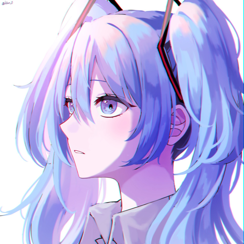 Safebooru - 1girl bangs blue eyes blue hair chromatic aberration collared shirt haga hair ...
