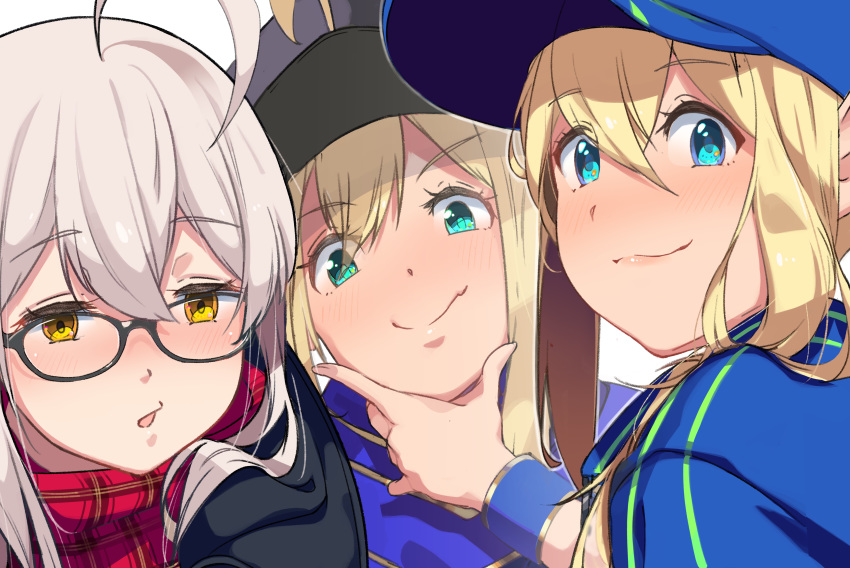 Safebooru - 3girls absurdres ahoge artoria pendragon (all) baseball cap black-framed eyewear ...