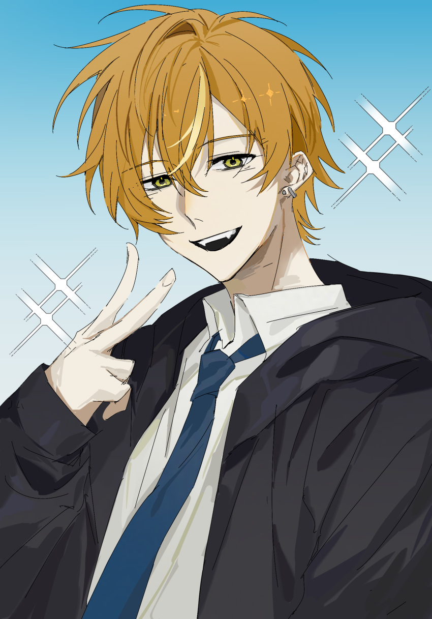 Safebooru - 1boy black jacket blonde hair blue background blue necktie chinese commentary ...