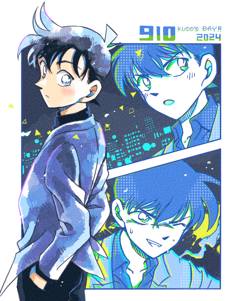 Safebooru - 1boy 2024 absurdres aoyama goushou (style) black hair black pants blue eyes blue ...