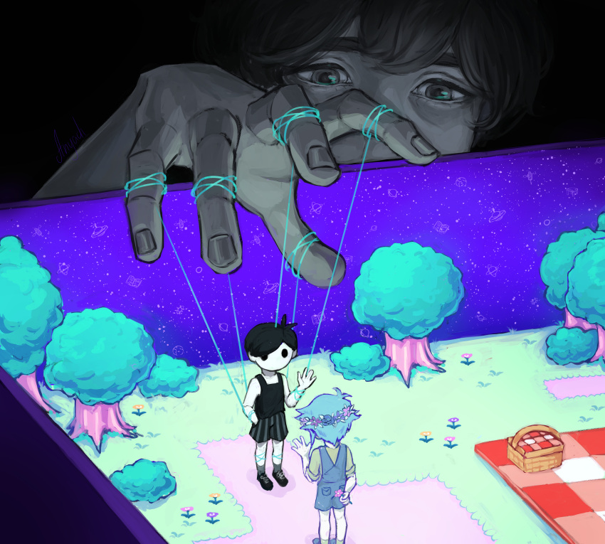 Safebooru - 3boys absurdres anyach pp arm behind back basil (omori ...