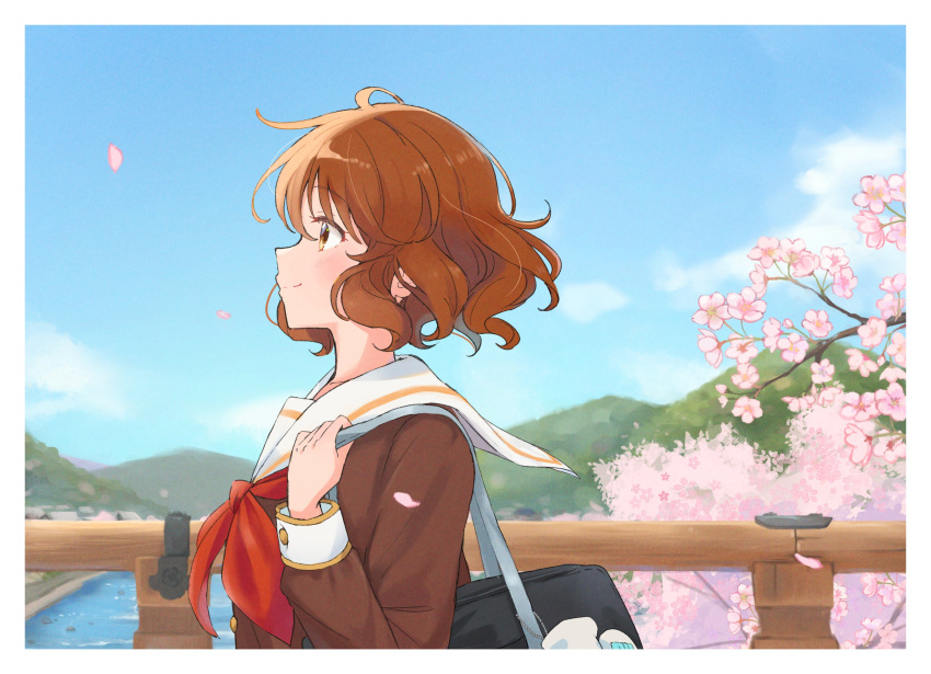 Safebooru - 1girl bag blue sky brown eyes brown hair cherry blossoms day from side hibike ...