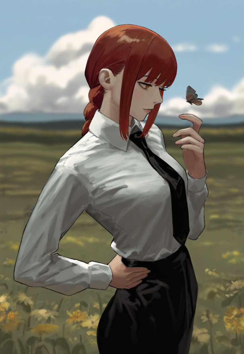 Safebooru - 1girl black necktie black pants blue sky breasts bug butterfly chainsaw man clouds ...