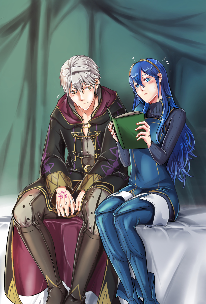 Safebooru - 1boy 1girl ? absurdres black coat blue eyes blue hair blue pants blue sweater blush ...