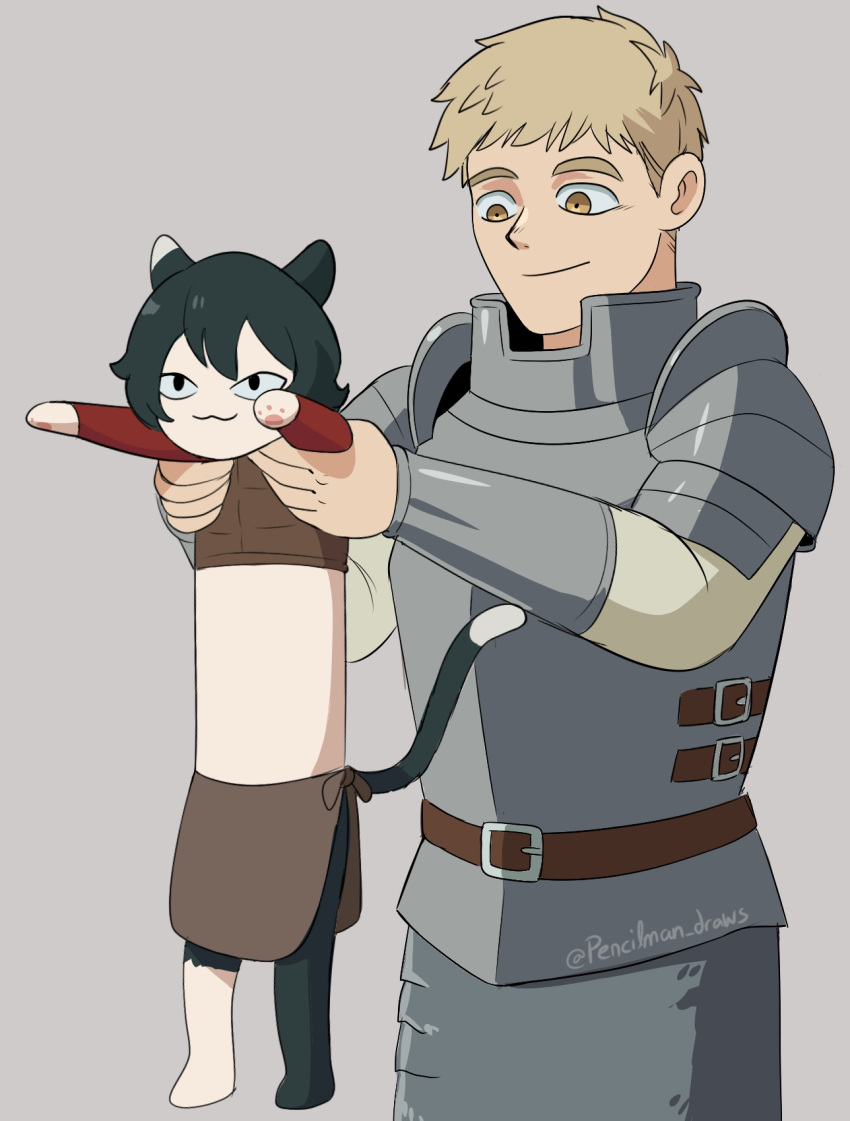 Safebooru - 1boy 1girl :3 animal ears armor black hair blonde hair brown eyes brown skirt cat ...