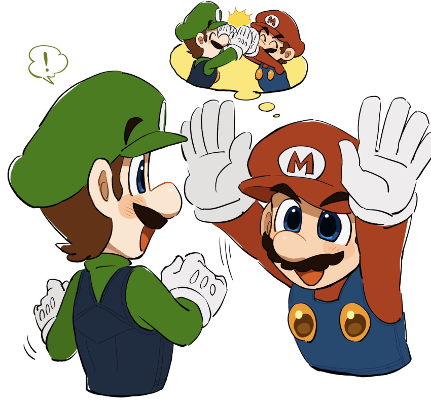 Safebooru 2boys Blue Eyes Blue Overalls Brown Hair Facial Hair Gloves 7097