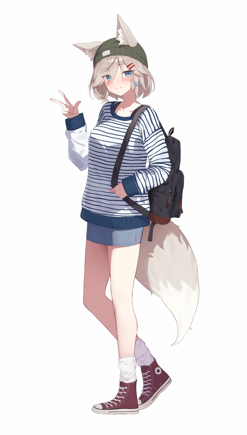 Safebooru - 1girl absurdres animal ears backpack bag bitseon blue eyes blue skirt borrowed ...