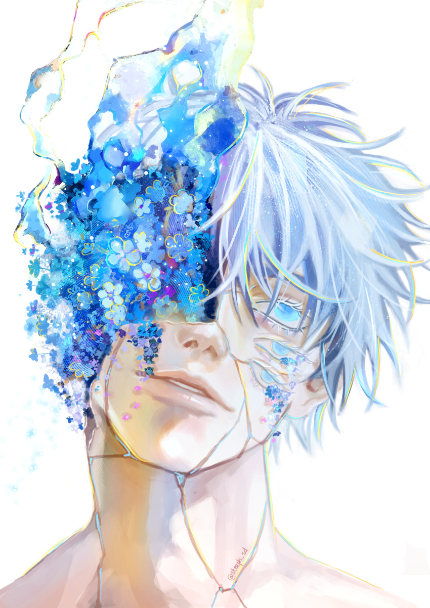 Safebooru - 1boy absurdres blue eyes blue flower cracked skin extra ...