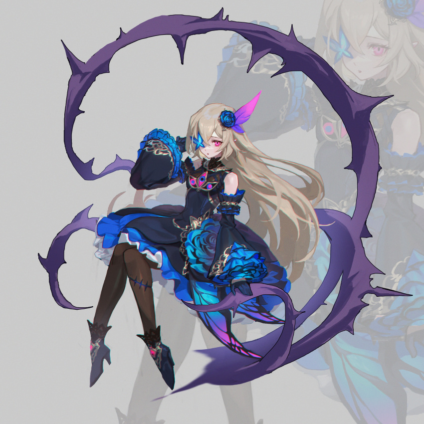 Safebooru - 1girl :o absurdres bare shoulders black dress blonde hair blue butterfly blue dress ...