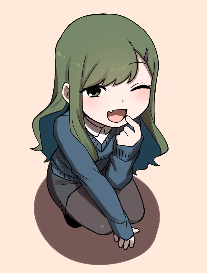 Safebooru - 1girl blush fang green eyes green hair hair ornament hairclip highres igarashi ...