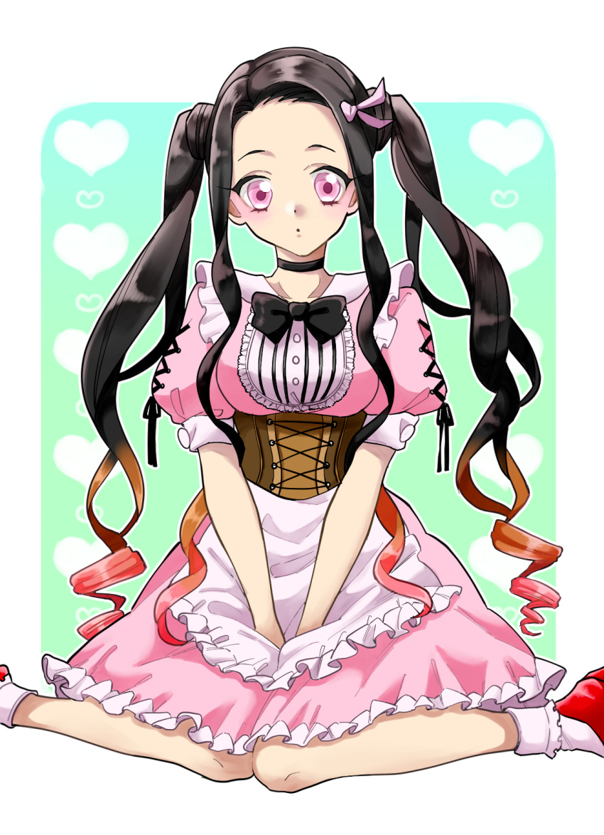 Safebooru - 1girl between legs black bow black choker black hair bow choker corset dress green ...