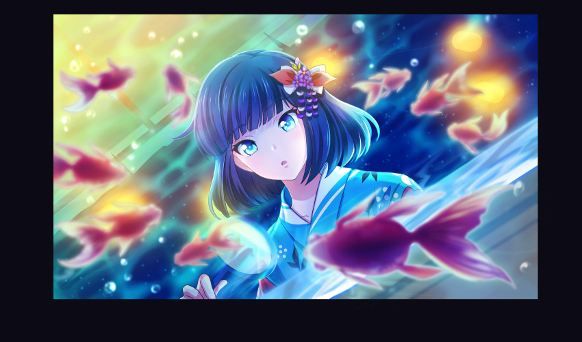 Safebooru - 1girl black border black hair blue eyes blue kimono blunt bangs blurry border ...