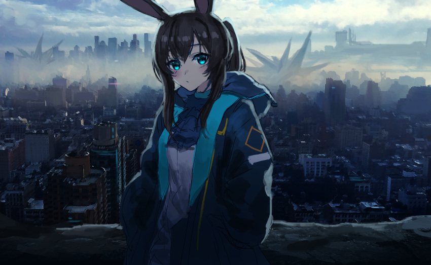 Safebooru - 1girl amiya (arknights) animal ears arknights blue eyes brown hair building city ...