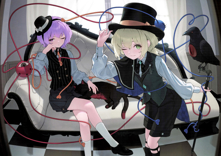 Safebooru - 2girls ;) absurdres alternate costume arm support bird black cat black footwear ...