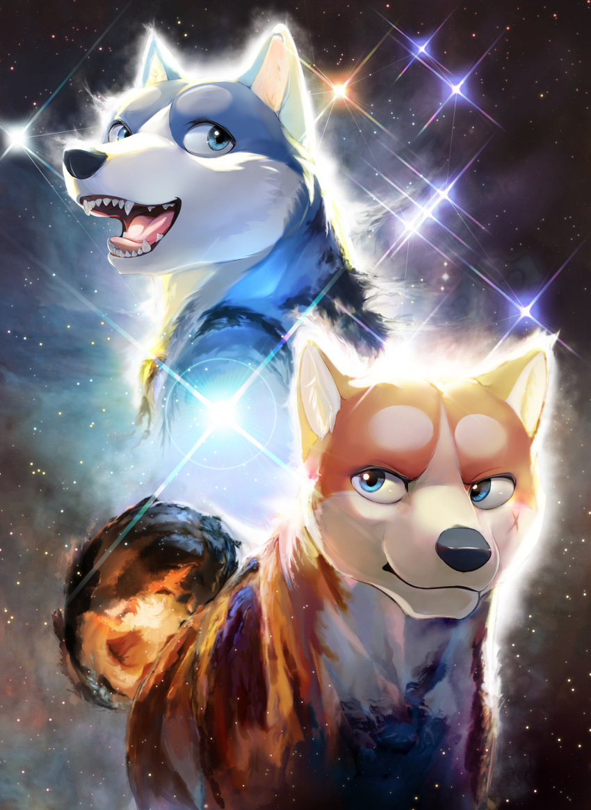 Safebooru - akita inu animal animal focus blue eyes commentary request dog father and son galaxy ...