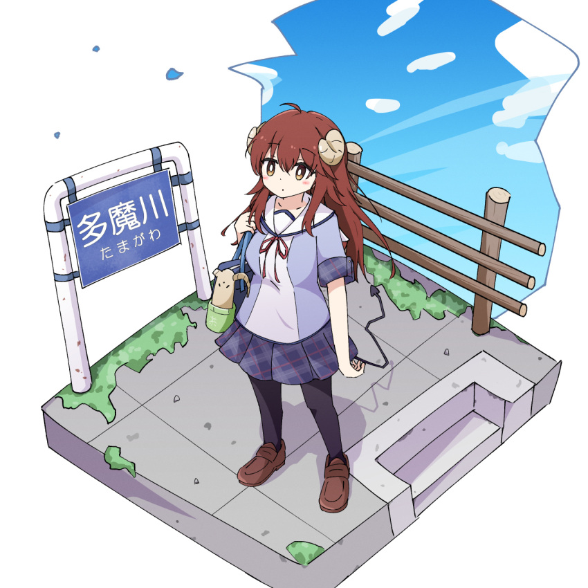 Safebooru - 171sasasa 1girl ahoge bag black pantyhose blue shirt blue ...