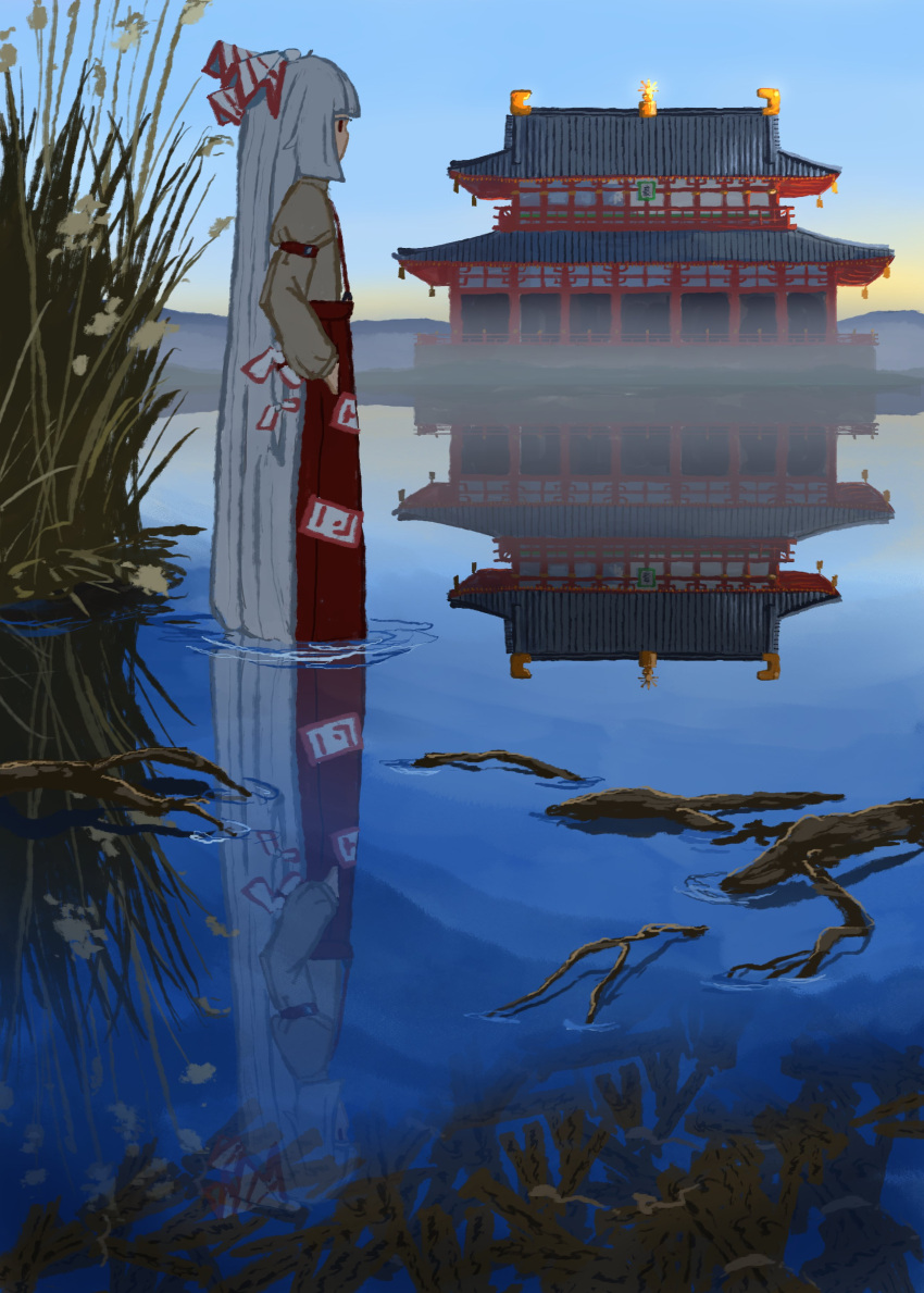 Safebooru - 1girl absurdres blue sky bow fog fujiwara no mokou hair bow ...