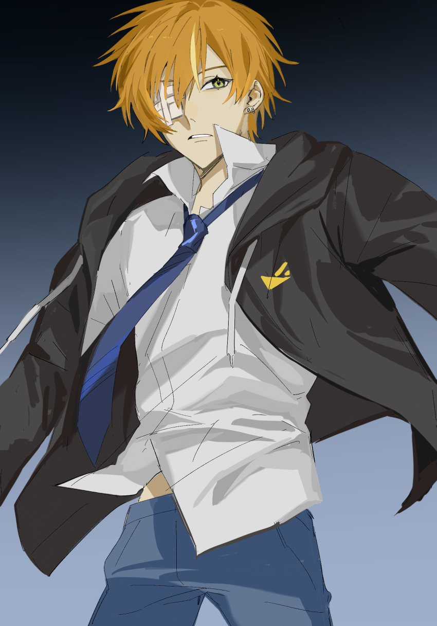 Safebooru - 1boy black jacket blonde hair blue necktie blue pants chinese commentary collared ...