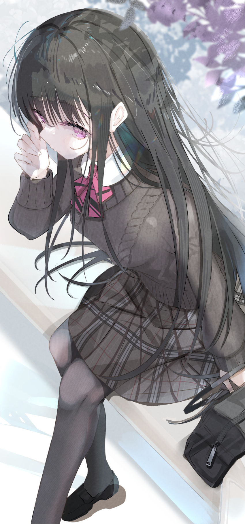 Safebooru - 1girl absurdres black footwear black hair black pantyhose black skirt black sweater ...