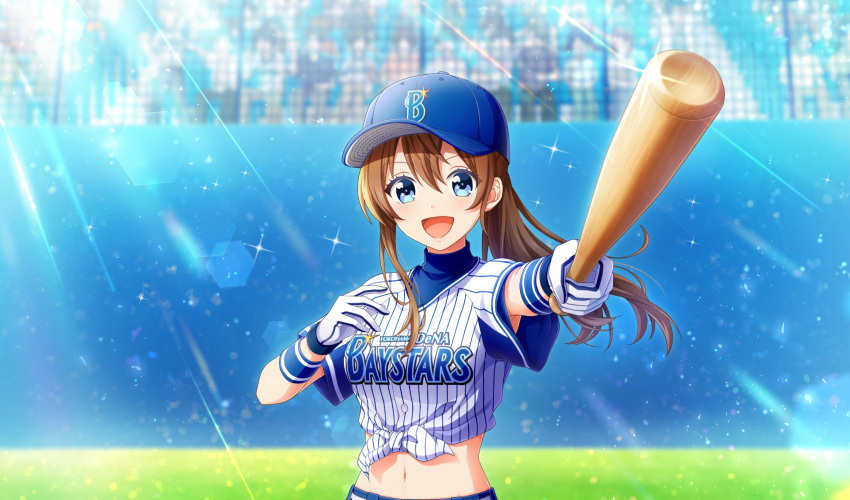 Safebooru - 1girl :d arihara tsubasa baseball bat baseball cap baseball stadium blue eyes blue ...
