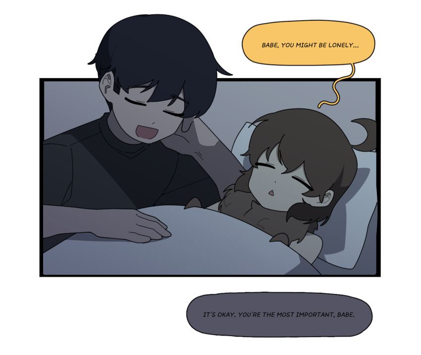 Safebooru - 1boy 1girl ahoge bare shoulders black hair black shirt brown feathers brown hair ...