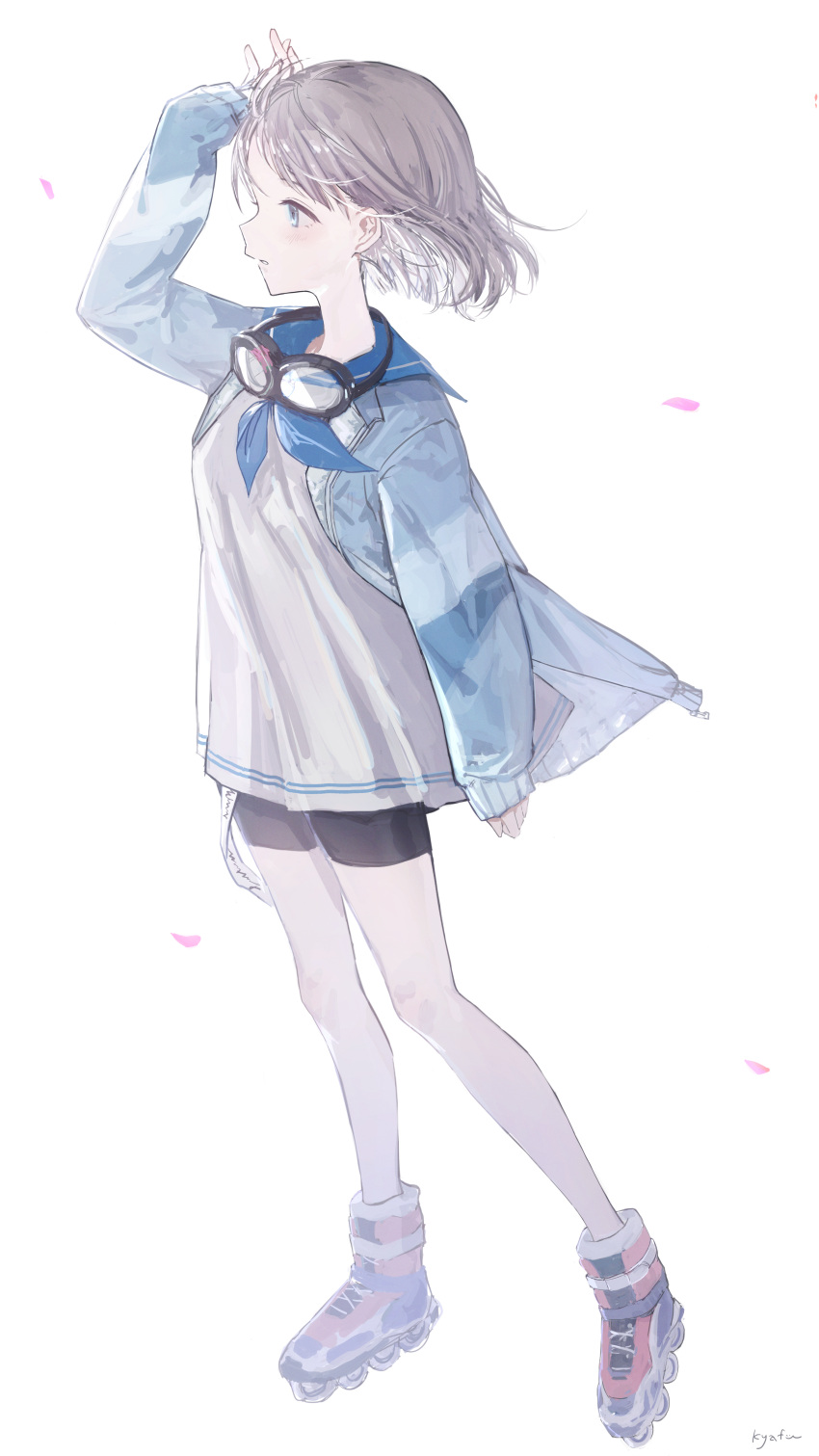 Safebooru - 1girl absurdres bare legs bike shorts blue eyes blue jacket blush commentary dress ...