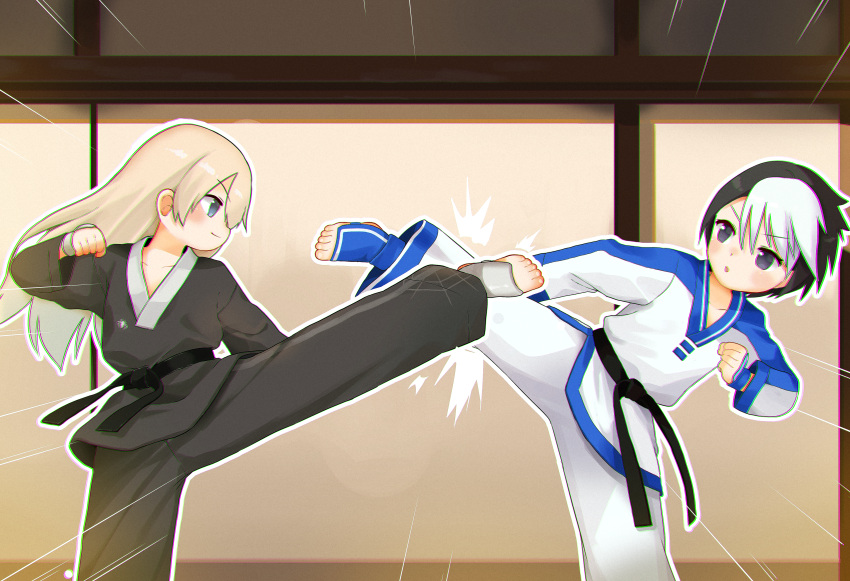 Safebooru - 2girls :o absurdres belt black belt black hair black pants blonde hair blue trim ...