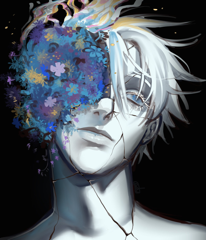 Safebooru - 1boy black background blue eyes blue flower closed mouth cracked skin flower gojou ...